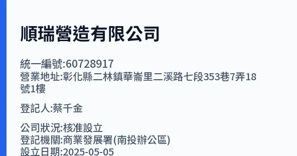 順瑞營造有限公司的照片-統編 60728917(彰化縣) 公司登記資料與營業項目詳細圖表