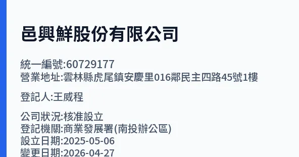 邑興鮮股份有限公司的照片-統編 60729177(雲林縣) 公司登記資料與營業項目詳細圖表