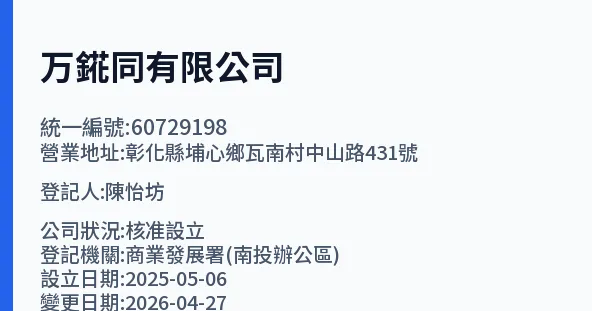 万錵同有限公司的照片-統編 60729198(彰化縣) 公司登記資料與營業項目詳細圖表