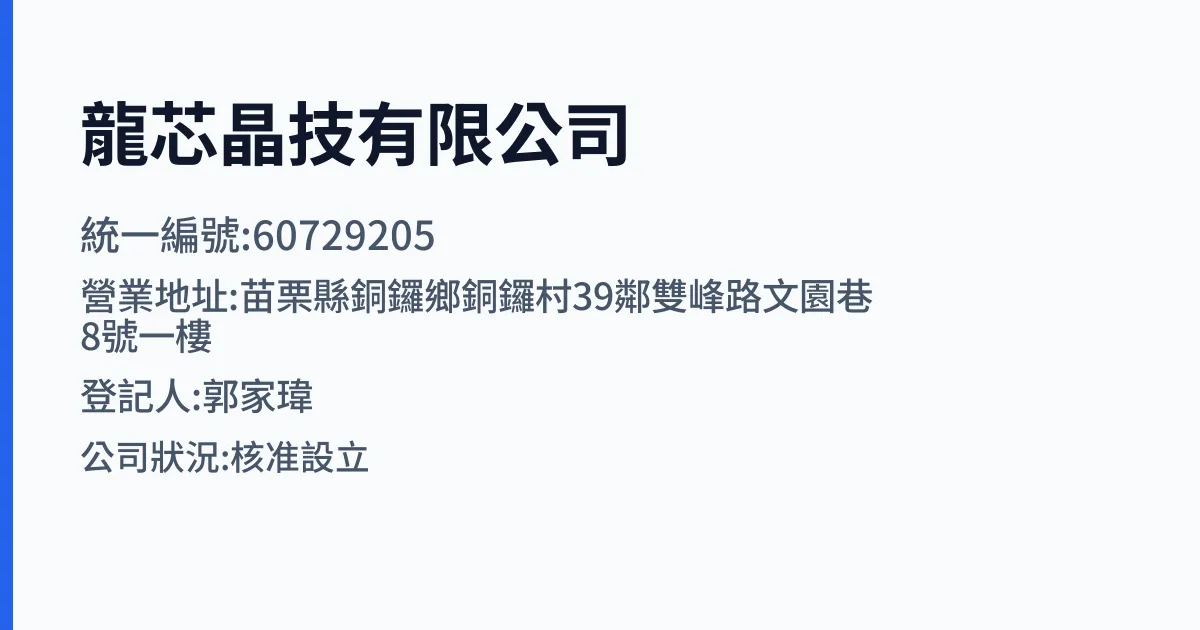 龍芯晶技有限公司 - 統編 60729205(苗栗縣) 公司登記資料與營業項目詳細圖表