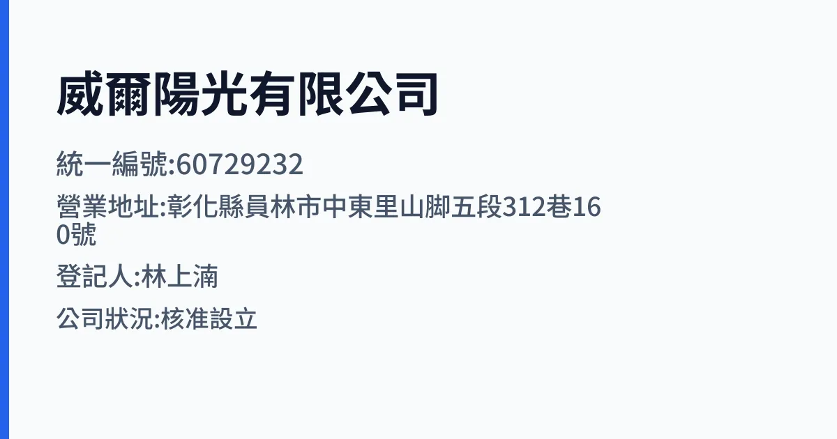 威爾陽光有限公司 - 統編 60729232(彰化縣) 公司登記資料與營業項目詳細圖表