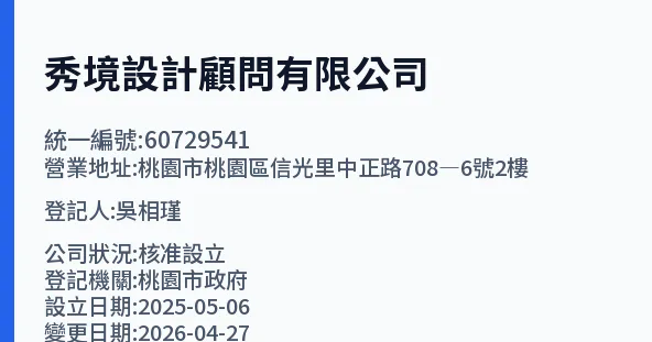 秀境設計顧問有限公司的照片-統編 60729541(桃園市) 公司登記資料與營業項目詳細圖表