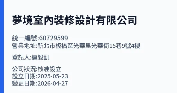 夢境室內裝修設計有限公司的照片-統編 60729599(新北市) 公司登記資料與營業項目詳細圖表