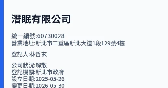 潛眠有限公司的照片-統編 60730028(新北市) 公司登記資料與營業項目詳細圖表