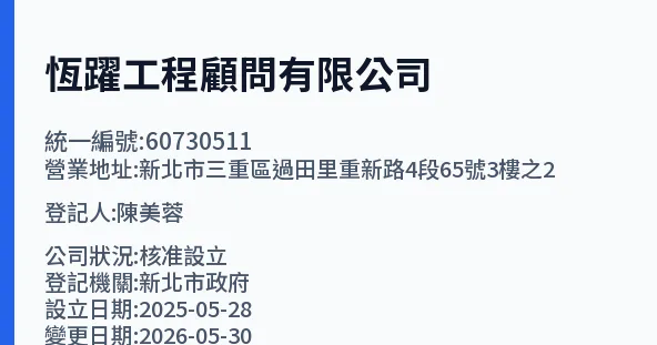 恆躍工程顧問有限公司的照片-統編 60730511(新北市) 公司登記資料與營業項目詳細圖表