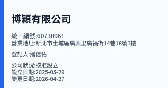 博穎有限公司的照片-統編 60730961(新北市) 公司登記資料與營業項目詳細圖表