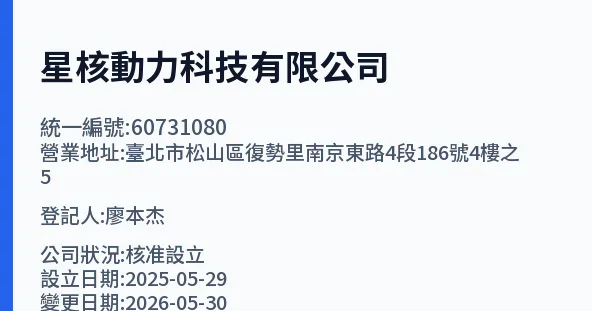 星核動力科技有限公司的照片-統編 60731080(臺北市) 公司登記資料與營業項目詳細圖表