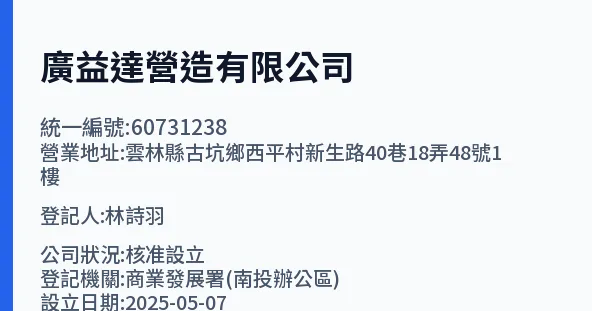 廣益達營造有限公司的照片-統編 60731238(雲林縣) 公司登記資料與營業項目詳細圖表