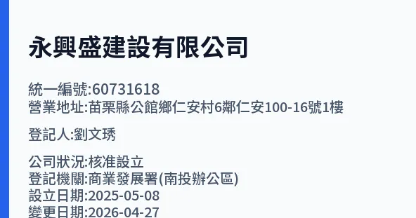 永興盛建設有限公司的照片-統編 60731618(苗栗縣) 公司登記資料與營業項目詳細圖表