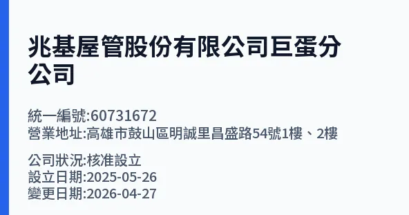 兆基屋管股份有限公司巨蛋分公司的照片-統編 60731672(高雄市) 公司登記資料與營業項目詳細圖表
