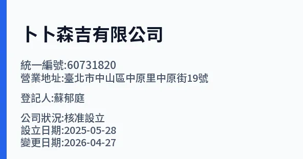 卜卜森吉有限公司的照片-統編 60731820(臺北市) 公司登記資料與營業項目詳細圖表