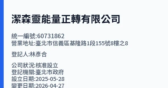 潔森靈能量正轉有限公司的照片-統編 60731862(臺北市) 公司登記資料與營業項目詳細圖表