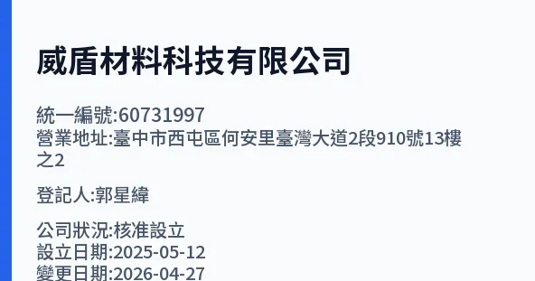 威盾材料科技有限公司的照片-統編 60731997(臺中市) 公司登記資料與營業項目詳細圖表