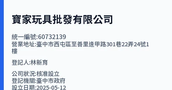 寶家玩具批發有限公司的照片-統編 60732139(臺中市) 公司登記資料與營業項目詳細圖表