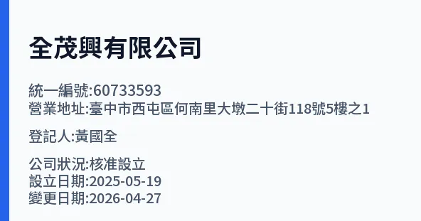 全茂興有限公司的照片-統編 60733593(臺中市) 公司登記資料與營業項目詳細圖表