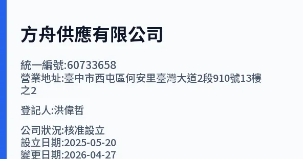 方舟供應有限公司的照片-統編 60733658(臺中市) 公司登記資料與營業項目詳細圖表