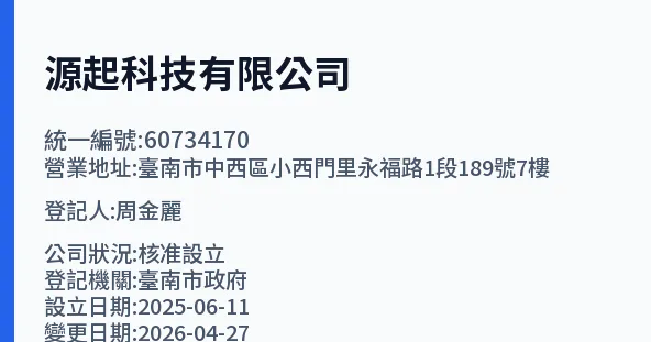 源起科技有限公司的照片-統編 60734170(臺南市) 公司登記資料與營業項目詳細圖表