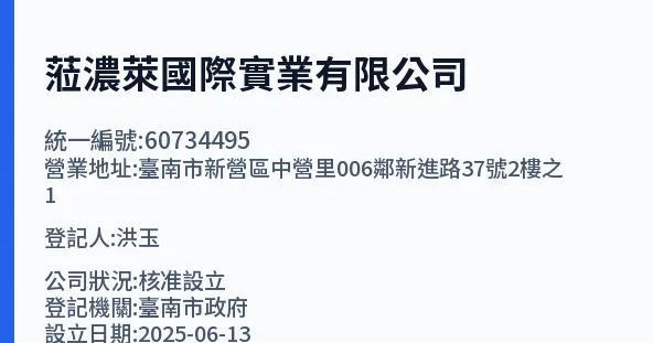 蒞濃萊國際實業有限公司的照片-統編 60734495(臺南市) 公司登記資料與營業項目詳細圖表