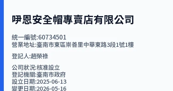 吚恩安全帽專賣店有限公司的照片-統編 60734501(臺南市) 公司登記資料與營業項目詳細圖表
