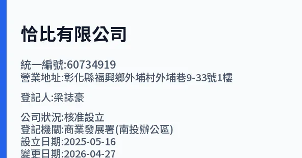 恰比有限公司的照片-統編 60734919(彰化縣) 公司登記資料與營業項目詳細圖表