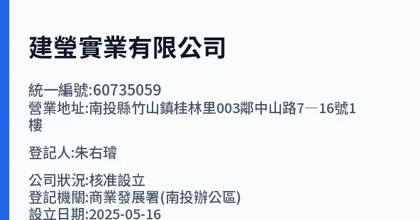 建瑩實業有限公司的照片-統編 60735059(南投縣) 公司登記資料與營業項目詳細圖表