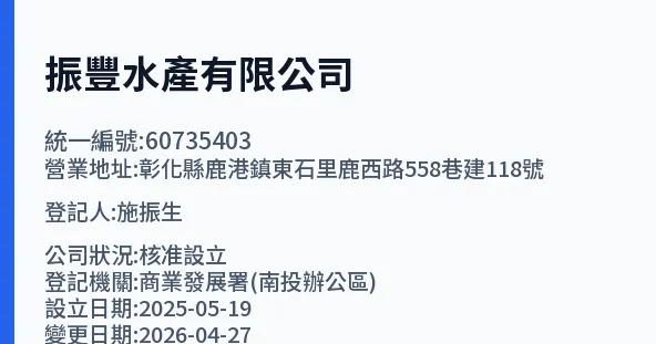 振豐水產有限公司的照片-統編 60735403(彰化縣) 公司登記資料與營業項目詳細圖表