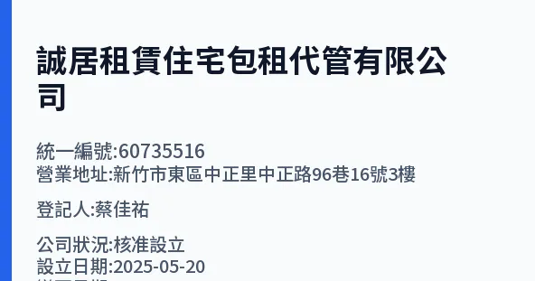 誠居租賃住宅包租代管有限公司的照片-統編 60735516(新竹市) 公司登記資料與營業項目詳細圖表
