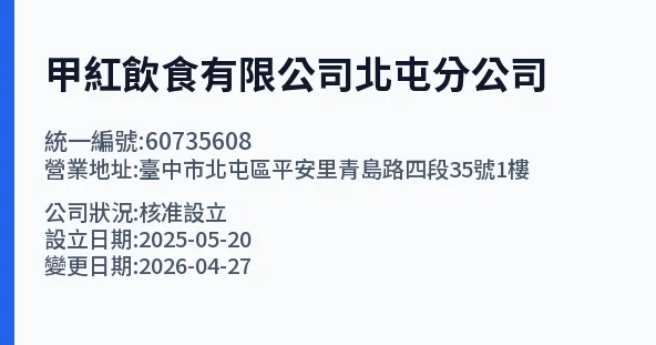 甲紅飲食有限公司北屯分公司的照片-統編 60735608(臺中市) 公司登記資料與營業項目詳細圖表