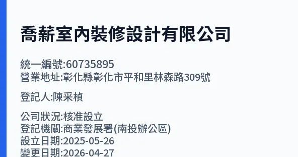 喬薪室內裝修設計有限公司的照片-統編 60735895(彰化縣) 公司登記資料與營業項目詳細圖表