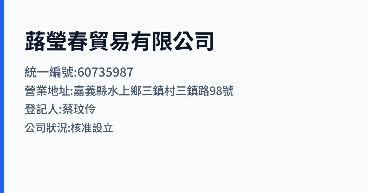 蕗瑩春貿易有限公司 - 統編 60735987（嘉義縣） 公司登記資料與營業項目詳細圖表