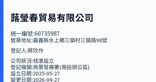 蕗瑩春貿易有限公司的照片-統編 60735987(嘉義縣) 公司登記資料與營業項目詳細圖表