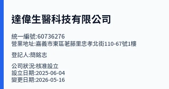 達偉生醫科技有限公司的照片-統編 60736276(嘉義市) 公司登記資料與營業項目詳細圖表