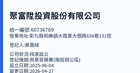 聚富陞投資股份有限公司的照片-統編 60736769(彰化縣) 公司登記資料與營業項目詳細圖表