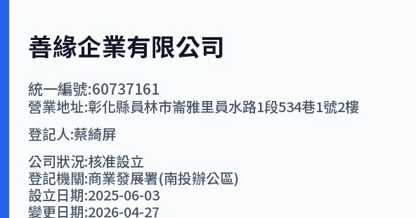 善緣企業有限公司的照片-統編 60737161(彰化縣) 公司登記資料與營業項目詳細圖表