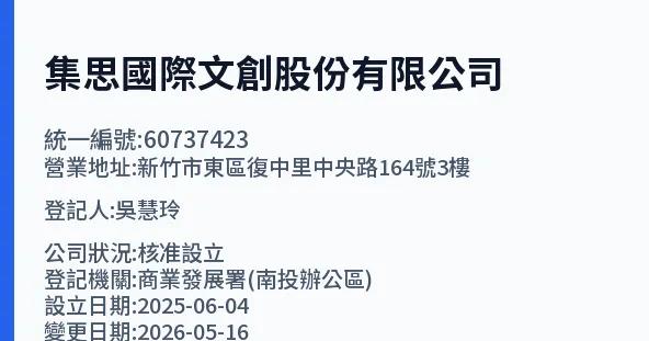 集思國際文創股份有限公司的照片-統編 60737423(新竹市) 公司登記資料與營業項目詳細圖表