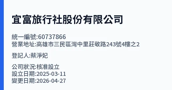宜富旅行社股份有限公司的照片-統編 60737866(高雄市) 公司登記資料與營業項目詳細圖表