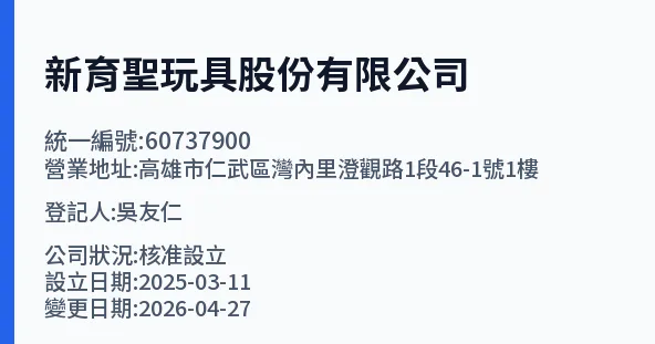 新育聖玩具股份有限公司的照片-統編 60737900(高雄市) 公司登記資料與營業項目詳細圖表
