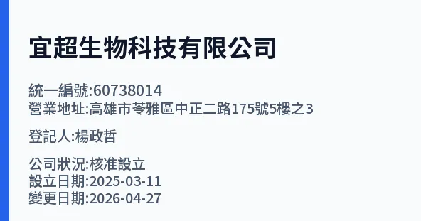 宜超生物科技有限公司的照片-統編 60738014(高雄市) 公司登記資料與營業項目詳細圖表