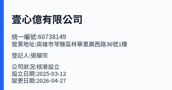 壹心億有限公司的照片-統編 60738149(高雄市) 公司登記資料與營業項目詳細圖表