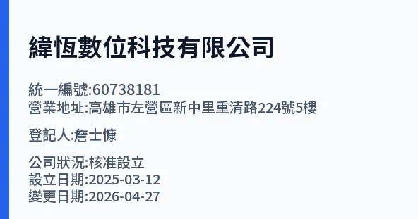 緯恆數位科技有限公司的照片-統編 60738181(高雄市) 公司登記資料與營業項目詳細圖表
