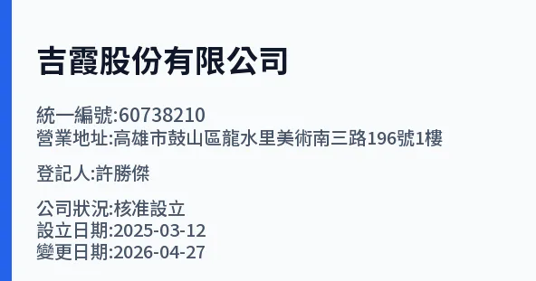 吉霞股份有限公司的照片-統編 60738210(高雄市) 公司登記資料與營業項目詳細圖表