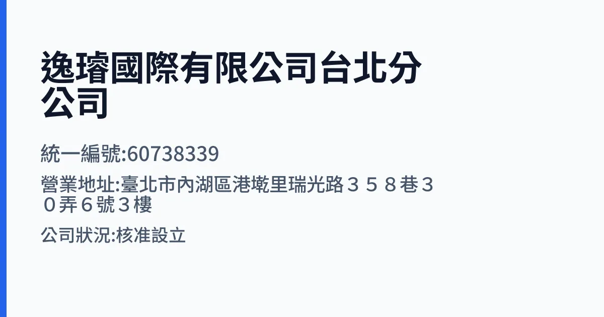 逸璿國際有限公司台北分公司 - 統編 60738339(臺北市) 公司登記資料與營業項目詳細圖表