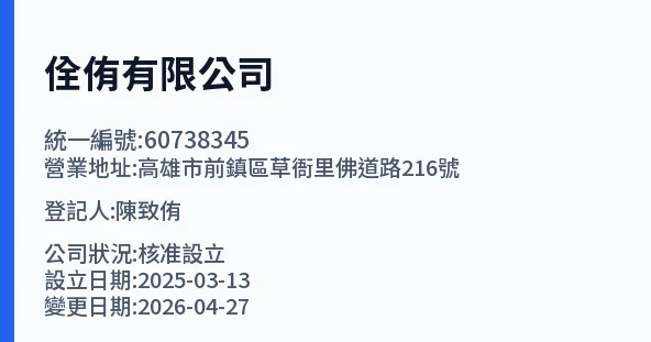佺侑有限公司的照片-統編 60738345(高雄市) 公司登記資料與營業項目詳細圖表
