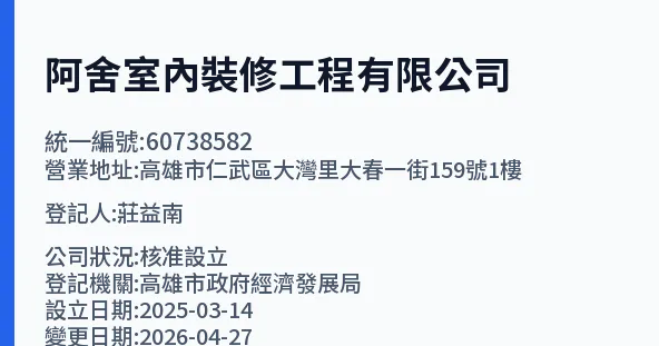 阿舍室內裝修工程有限公司的照片-統編 60738582(高雄市) 公司登記資料與營業項目詳細圖表