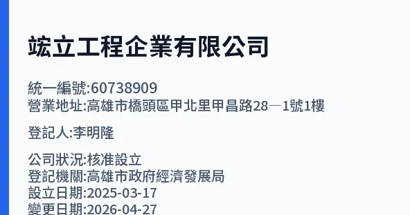 竤立工程企業有限公司的照片-統編 60738909(高雄市) 公司登記資料與營業項目詳細圖表