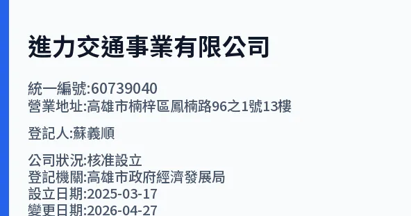 進力交通事業有限公司的照片-統編 60739040(高雄市) 公司登記資料與營業項目詳細圖表
