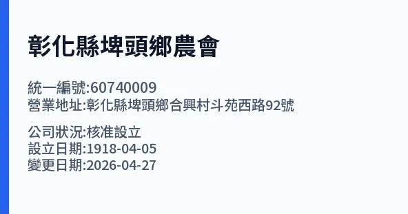 彰化縣埤頭鄉農會的照片-統編 60740009(彰化縣) 公司登記資料與營業項目詳細圖表