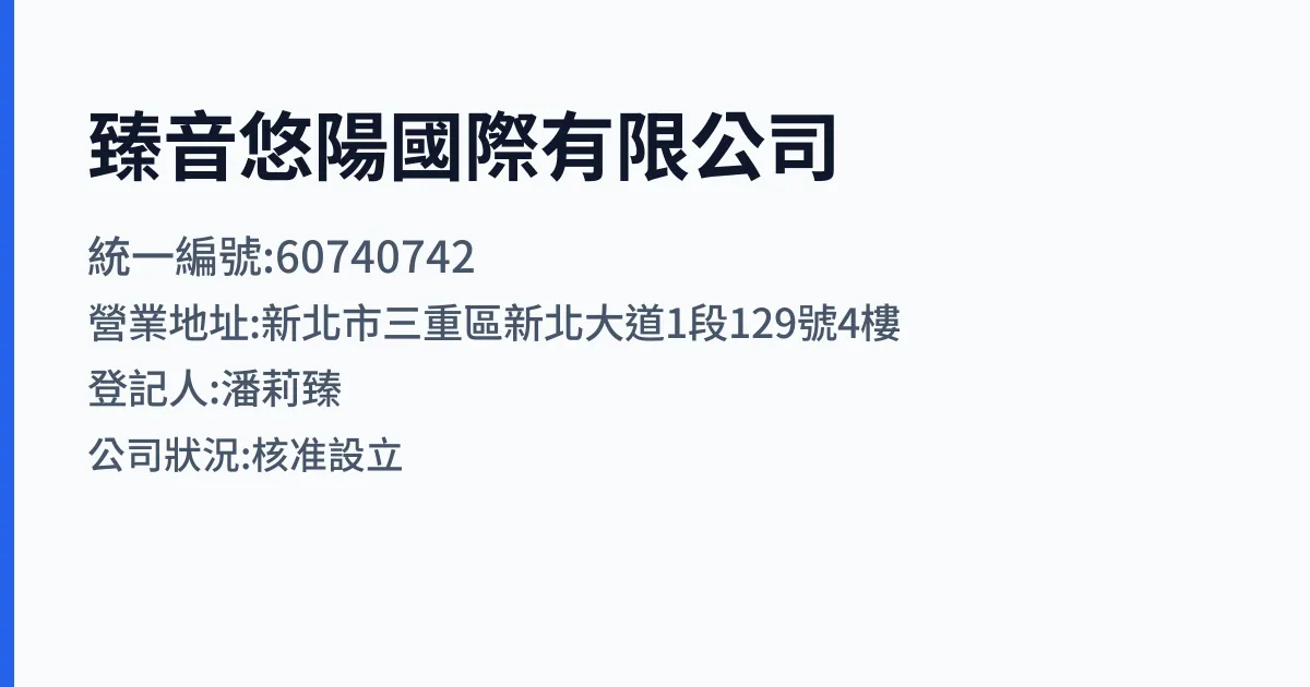 臻音悠陽國際有限公司 - 統編 60740742(新北市) 公司登記資料與營業項目詳細圖表