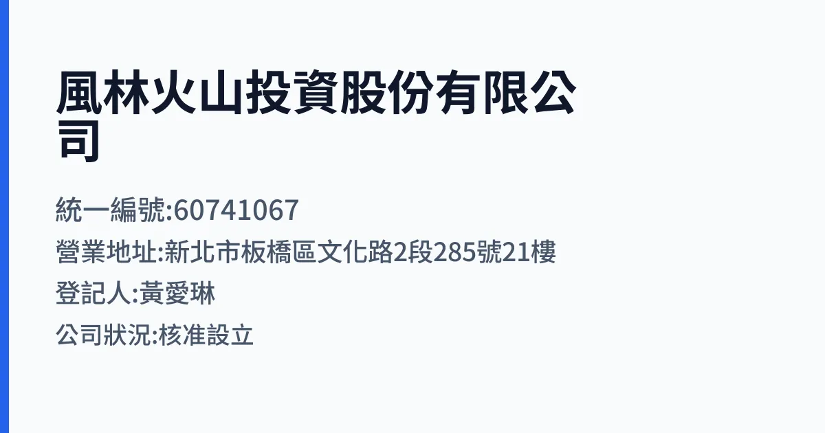 風林火山投資股份有限公司 - 統編 60741067(新北市) 公司登記資料與營業項目詳細圖表