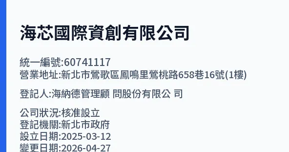 海芯國際資創有限公司的照片-統編 60741117(新北市) 公司登記資料與營業項目詳細圖表